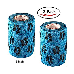 Vet Wrap Wrap Tape (Blue with Paw Prints) (2 Pack) (3 Inch x 15 feet) Self Adhesive Adherent Adhering Cohesive Flex Self Stick Bandage Grip Roll Dog Cat Pet Horse