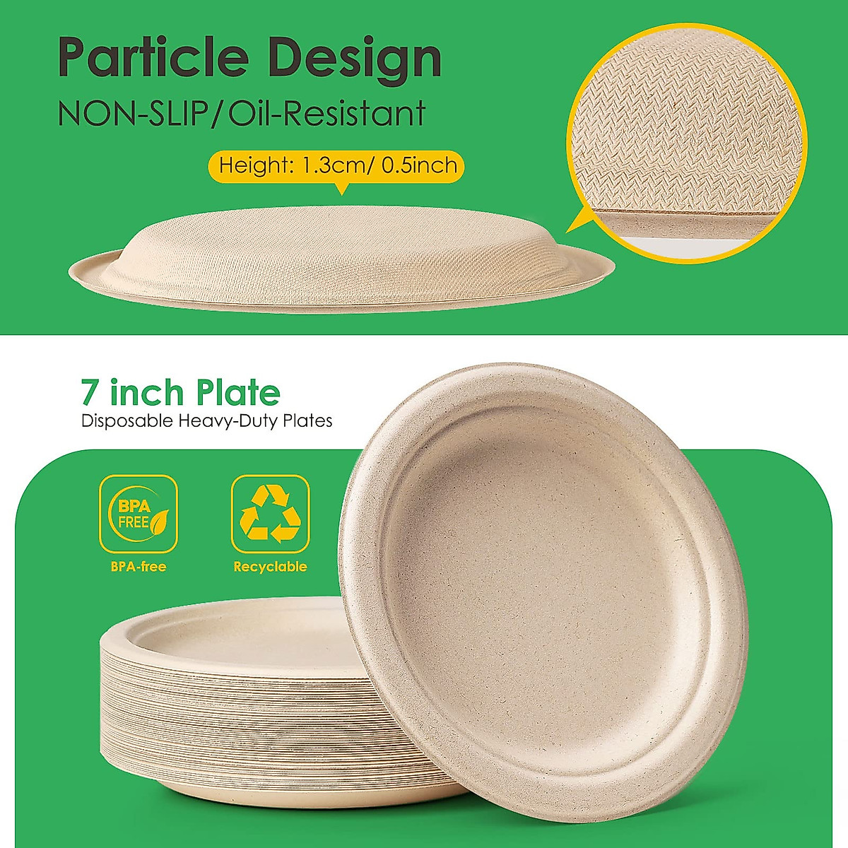 Gezond 100% Compostable Paper Plates 7 Inch, 150pcs Disposable Heavy-Duty Plates Unbleached Biodegradable Plate Made of Sugarcane Fiber