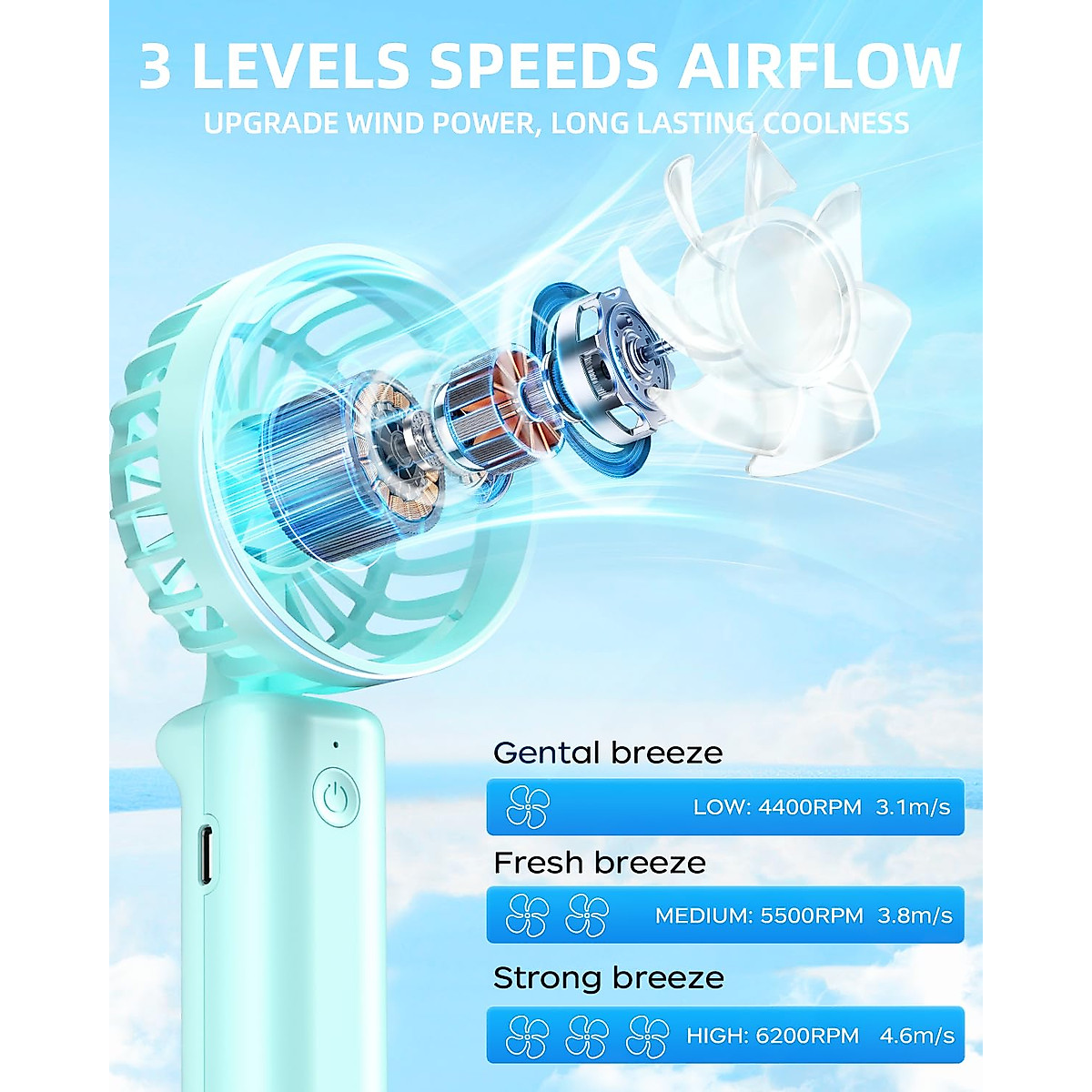 Hssio Portable Handheld Fan, Mini Desk Fan Foldable 2000mAh, 180° Ratotion, 3 Speeds, Ultra Quite, Up to 8H Long Use Time, Small Personal Cooling Fans Makeup Eyelash Fan, Black+Light Blue