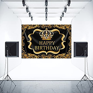 Aperturee Black and Gold Happy Birthday Backdrop 7x5ft Little Baby Boy Prince King Crown Photography Background Celebration Party Decoration Supplies Cake Table Banner Photo Booth Prop