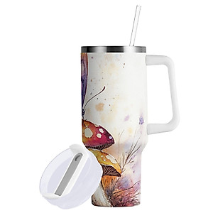 ALAZA Mushrooms Butterfly 40 oz Tumbler Water Bottle with Straw Lid and Handle,Reusable Insulated Stainless Steel Cup for Women Men Travel Car Cup Holder