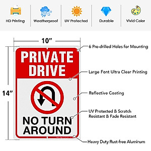 Private Drive Sign, No Turn Around Sign, Driveway Signs No Turnaround,14x10 In, Reflective,Rustfree Aluminum, Weather/Fade Resistant, Easy Mounting, Indoor/Outdoor Use