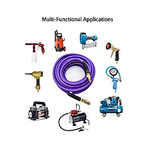 SYXQT Hybrid Air Hose(PVC) 1/4-Inch x 25FT， 300 PSI Heavy Duty, Lightweight, Kink Resistant, All-Weather Flexibility with 1/4-Inch Industrial Air Fittings and Bend Restrictors,Purple