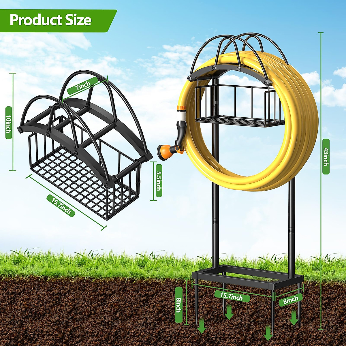 LIONONLY Garden Hose Holder, Freestanding Heavy Duty 4 Spikes Water Hose Holder with Storage Basket, 100-Feet Hose Hanger, Detachable Garden Hose Storage Hose Stand for Outside Yard, Black