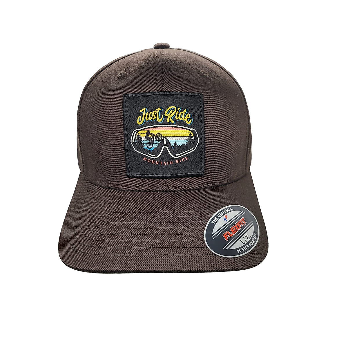 Fitted Hat - Mountain Bike Flexfit Hat with Just Ride Woven Patch (Brown, L/XL)