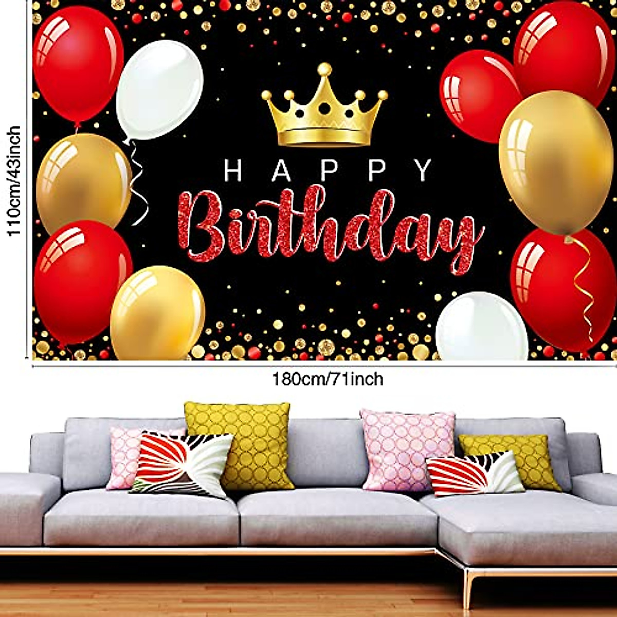 Happy Birthday Backdrop Birthday Banner Birthday Party Decorations Photo Booth Background Supplies Printed with Crown & Balloons 6 x 4ft (Black and Red)