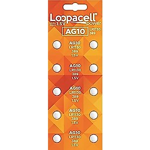 LOOPACELL 10 Pack AG10 Alkaline Watch Batteries - LR1130, SR1130W, 389, 189