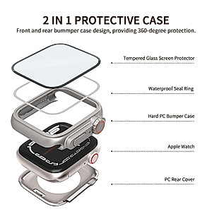 Yolovie 2 in 1 Waterproof Case Compatible for Apple Watch 45mm Screen Protector Series 9/8/7 [ Looks Like Ultra Style Case ] iWatch Tempered Glass Protective PC Back Cover Accessories 45mm, Titanium