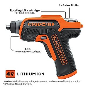 BLACK+DECKER 4V MAX Cordless Screwdriver with Bit Storage, 180 RPM, Battery Included (BDCS50C)