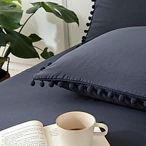 Navy Blue Pom Poms Pillowcases, Dark Blue Standard Queen 20x30 Inches Pillowcases Set of 2, 100% Washed Microfiber, Navy Fringe Pillow Shams, 2 Pack (Standard, Navy Blue)