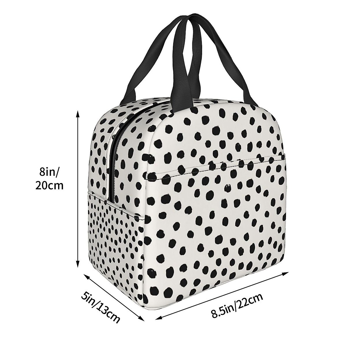 Insulated Lunch Bag Reusable Lunch Box, Cooler Lunch Tote Bag with Front Pocket for Picnic Office Work, Cute Black And White Polka Dot