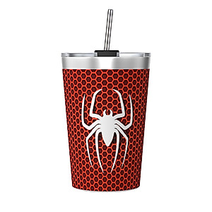 PAYOHTO Red Spider Skin Pattern Superhero Insulated Stainless Steel Tumbler 12 oz Thermos Come with Straw Kids Leak-Proof Travel Mug Cup