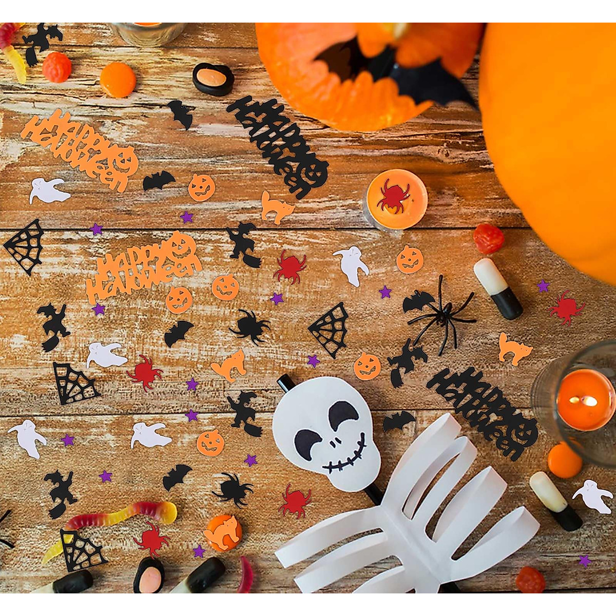 Halloween Party Table Scatter Confetti, 60g Pumpkin Spider Webs Bat Foil Metallic Confetti Party Table Decoration Halloween Party Supplies (Happy Halloween)