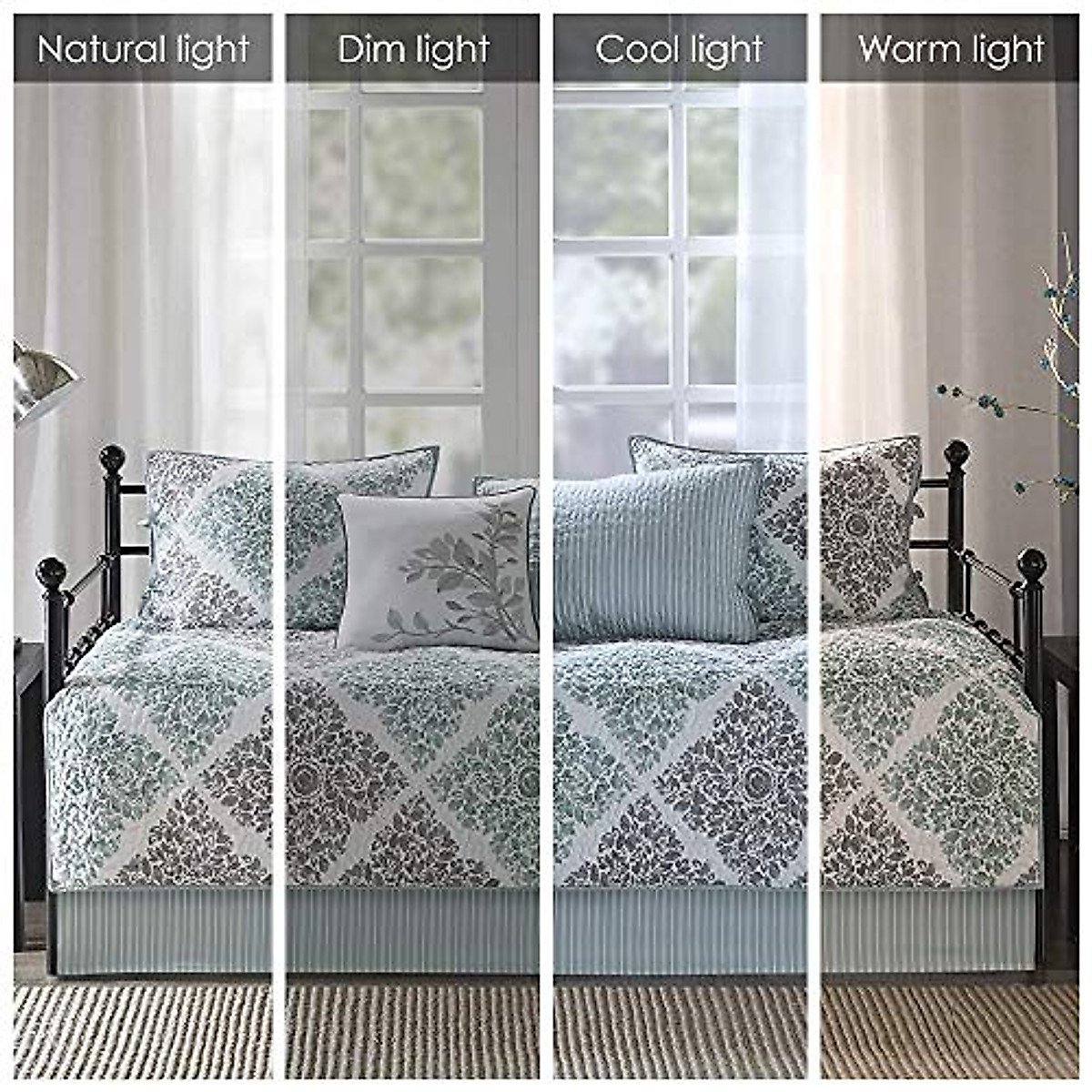 Madison Park Daybed Cover Set - Double Sided Quilting Casual Design, All Season Bedding with Bedskirt, Matching Shams, Decorative Pillow, 75"x39", Diamond Aqua 6 Piece