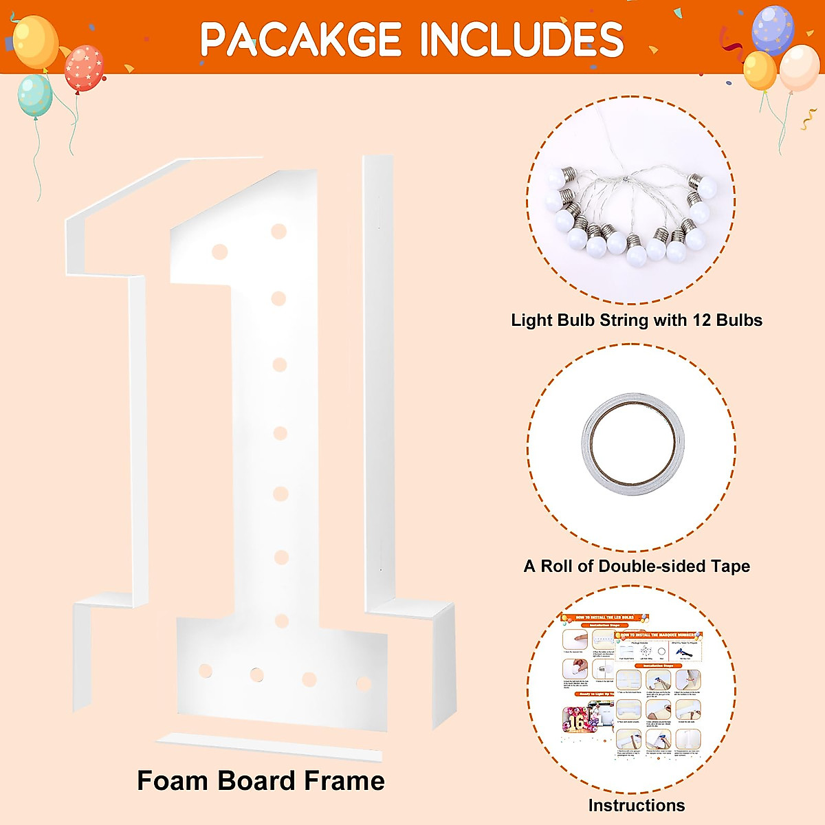 rubfac 3FT Marquee Light Up Numbers, Mosaic Balloon Frame Number 1, Pre-Cut Foam Board for First Birthday Decorations Anniversary Wedding Backdrop