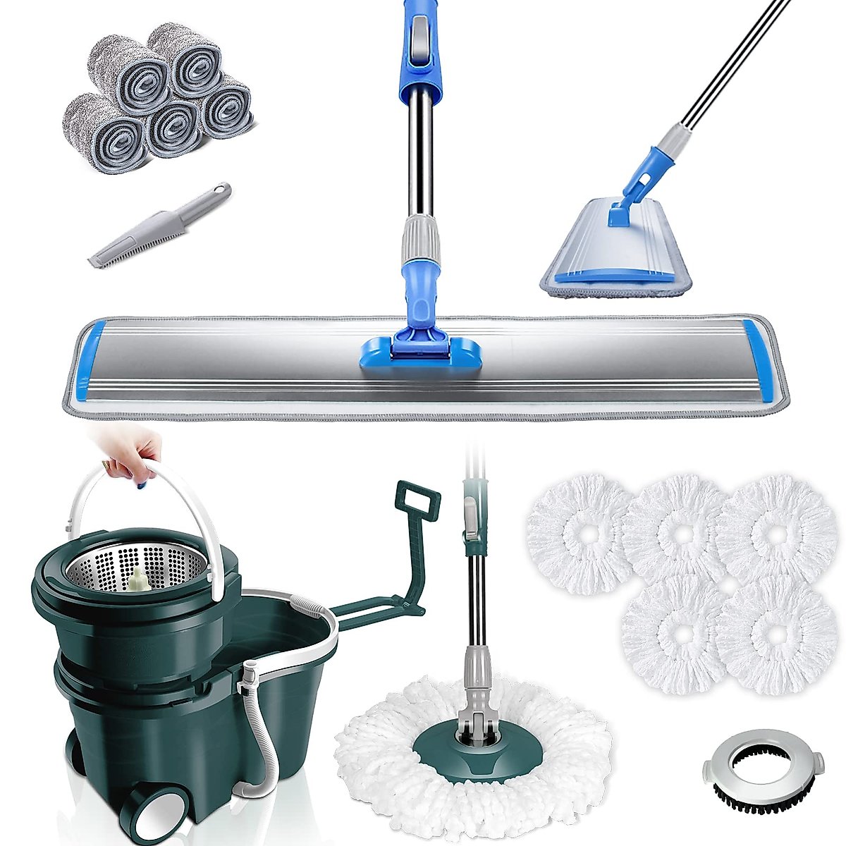 Masthome 24" Professional Flat Mop with 5 Reusable Mop Pads, Spin Mop and Bucket Set with 5 Mop Refills, Easywring Mop Bucket System for Floor Cleaning