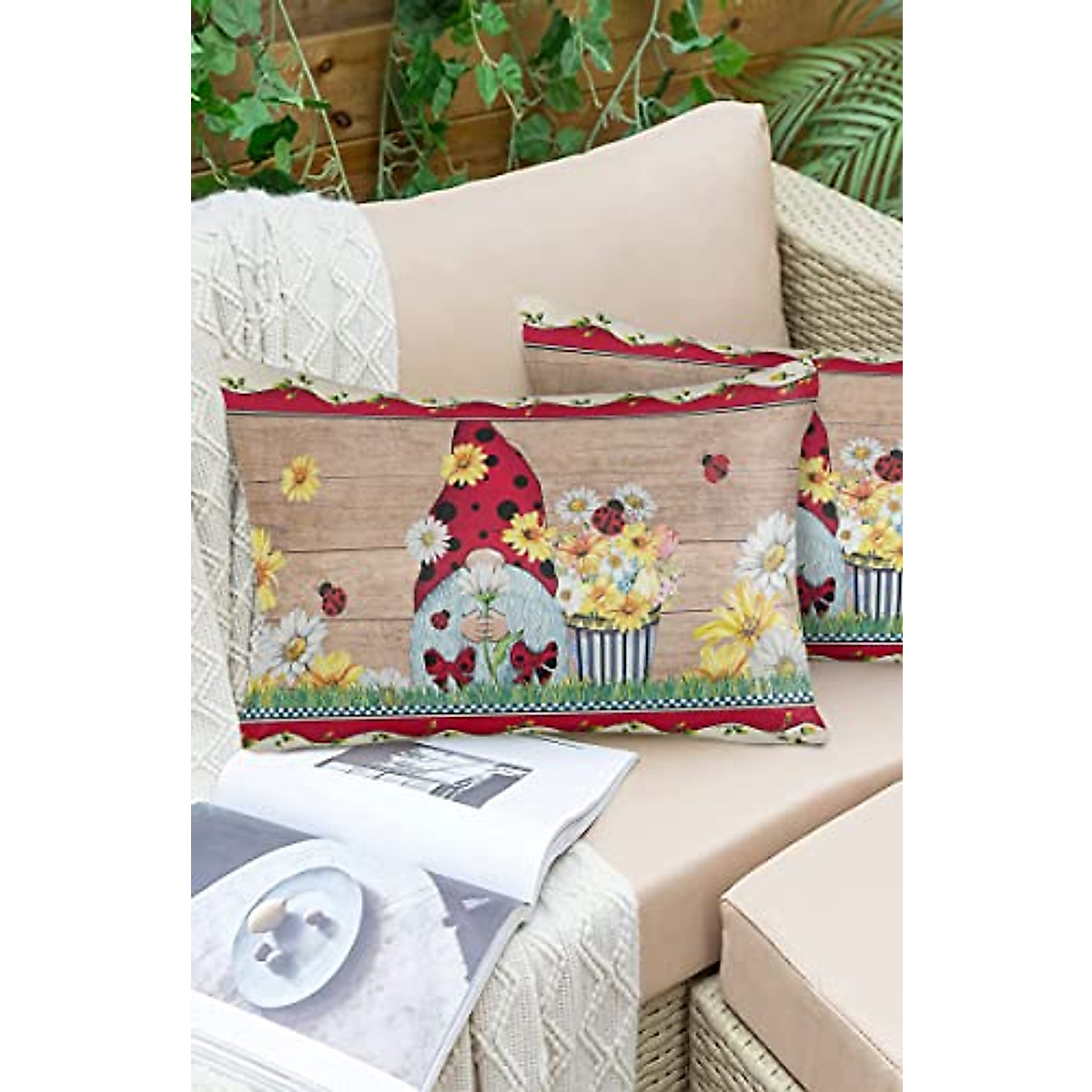 Lumbar Pillow Covers 12 x 20 Inches, Ladybug Gnome Waterproof Pillow Protector Set of 2 Throw Pillowcases Cover, Summer Spring Flroal Wood Board Rectangle Cushion Covers for Patio/Tent/Couch/Garden