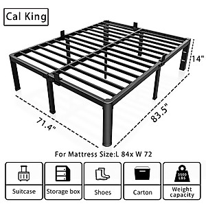 ROIL 14 inch California King Size Bed Frame Metal Platform No Box Spring Needed with Headboard Hole Round Corner Legs Mattress Retainers 3500LBS Heavy Duty Steel Slats Noise-Free Storage