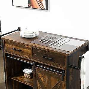 HOMCOM Industrial Kitchen Cart, Rolling Kitchen Island with Adjustable Shelf, Two Drawers, Sliding Barn Door Cabinet and Towel Rack, Rustic Brown
