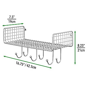 mDesign Metal Wire Farmhouse Wall Decor Storage Organizer Shelf with 6 Hooks for Entryway, Hallway, Mudroom, Bedroom, Bathroom, Laundry Room - Wall Mount - Chrome