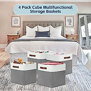 Consmos 13 Inch Storage Cubes 4 Pack Collapsible Fabric Storage Baskets for Shelves Large Cube Storage Bins with Leather Handle for Closet Organizers and Storage, Nursery, Clothes, Toys White& Gray