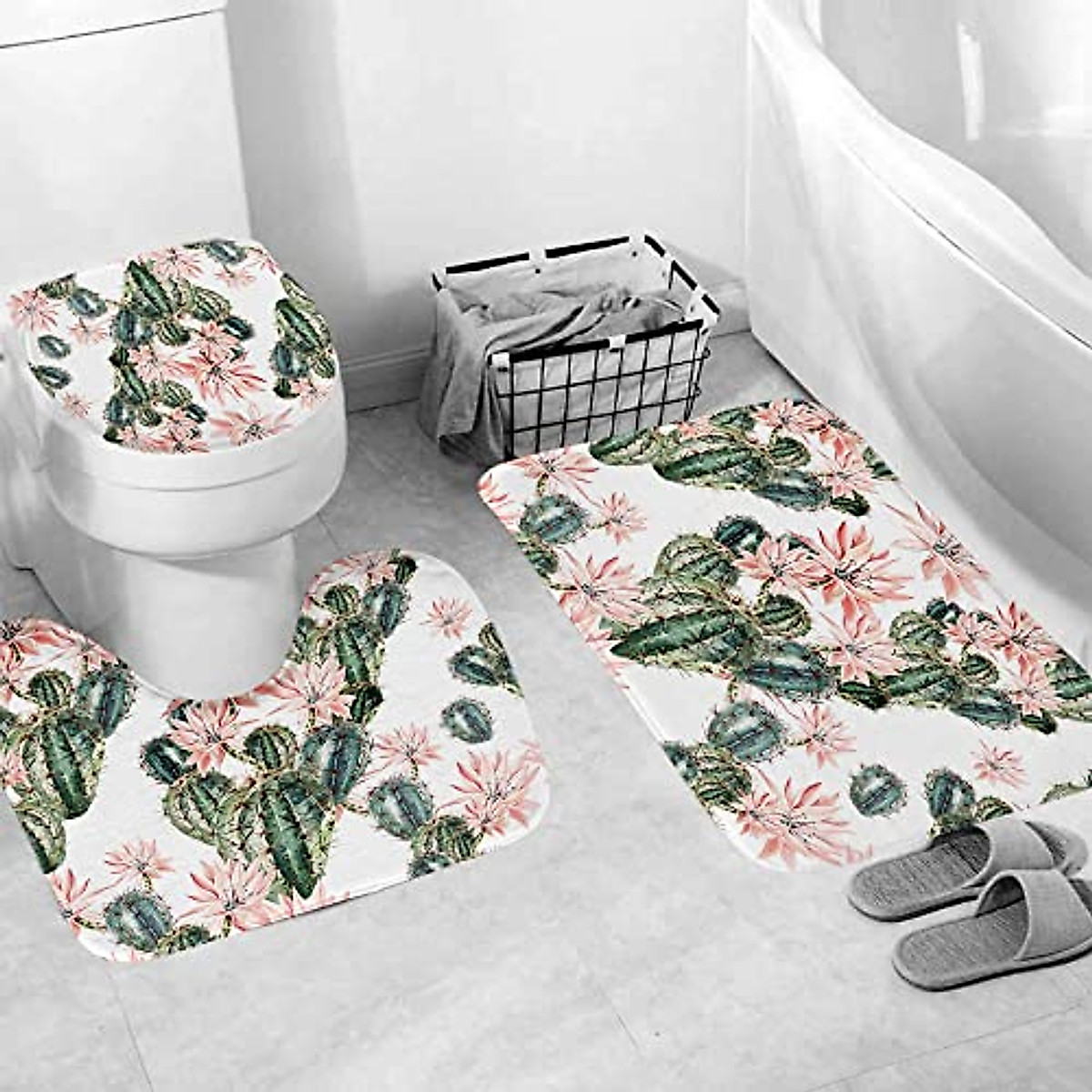 WEEGEEKS Bathroom Rugs Sets 3 Piece with Toilet Cover, Bath Mats for Bathroom Non Slip, U-Shaped Contour Toilet Mat, Bathroom Decor Sets, Machine Washable Bath Rugs (Cactus)