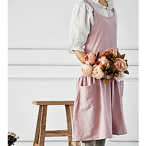 NEWGEM Cotton Linen Cross Back Apron for Women with Pockets for Baking Painting Pink with Waist Ties