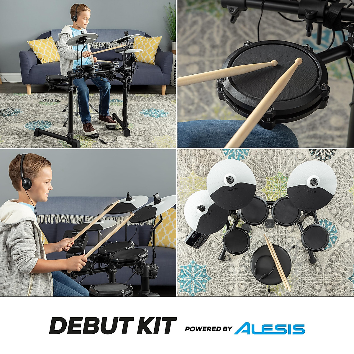 Alesis Drums Debut Kit – Kids Drum Set With 4 Quiet Mesh Electric Drum Pads, 120 Sounds, Drum Stool, Drum Sticks, Headphones and 100 Melodics Lessons