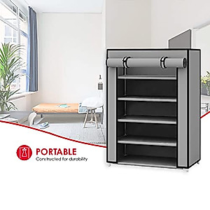 Sunbeam Multipurpose Portable Wardrobe Storage Closet For Shoes and Clothing 5 Tier/Fits 15 Pairs of Shoes Heavy Duty Non Woven Material Gray With Roll Down Cover (Grey)
