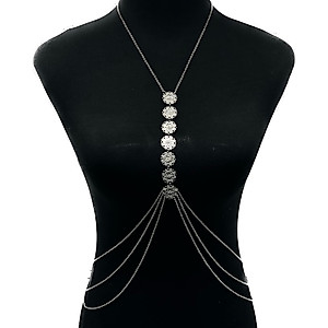 Vintage Fashion Simple Metal Chest Chain Carved Flower Plate Beach Bra Chain Back Chain Necklace Women's Party Holiday Jewelry (silvery)
