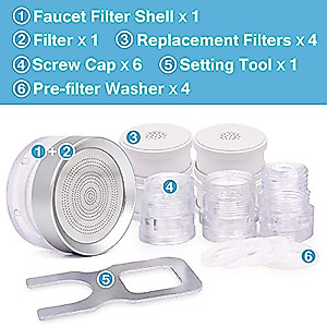 HiWater Faucet Water Filter System Easy Install Universal Fit - Reduces 99% Chlorine for Bathroom Kitchen (1 Filter Shell, 5 Filter Carbon KDF Filters)