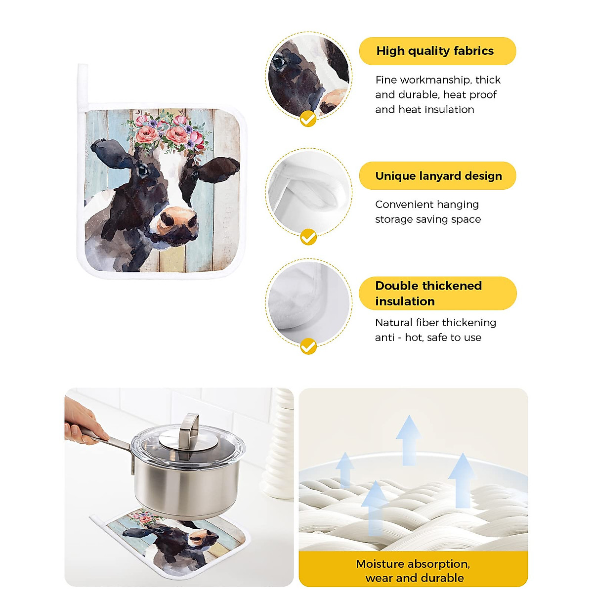 Pot Holder Set of 4 Farm Animal Cute Cow with Flower Wreath Potholder Heat Proof Non-Slip Pot Holders,Farmhouse Vintage Wooden Board Hot Pads Potholders for Kitchen Cooking Baking BBQ