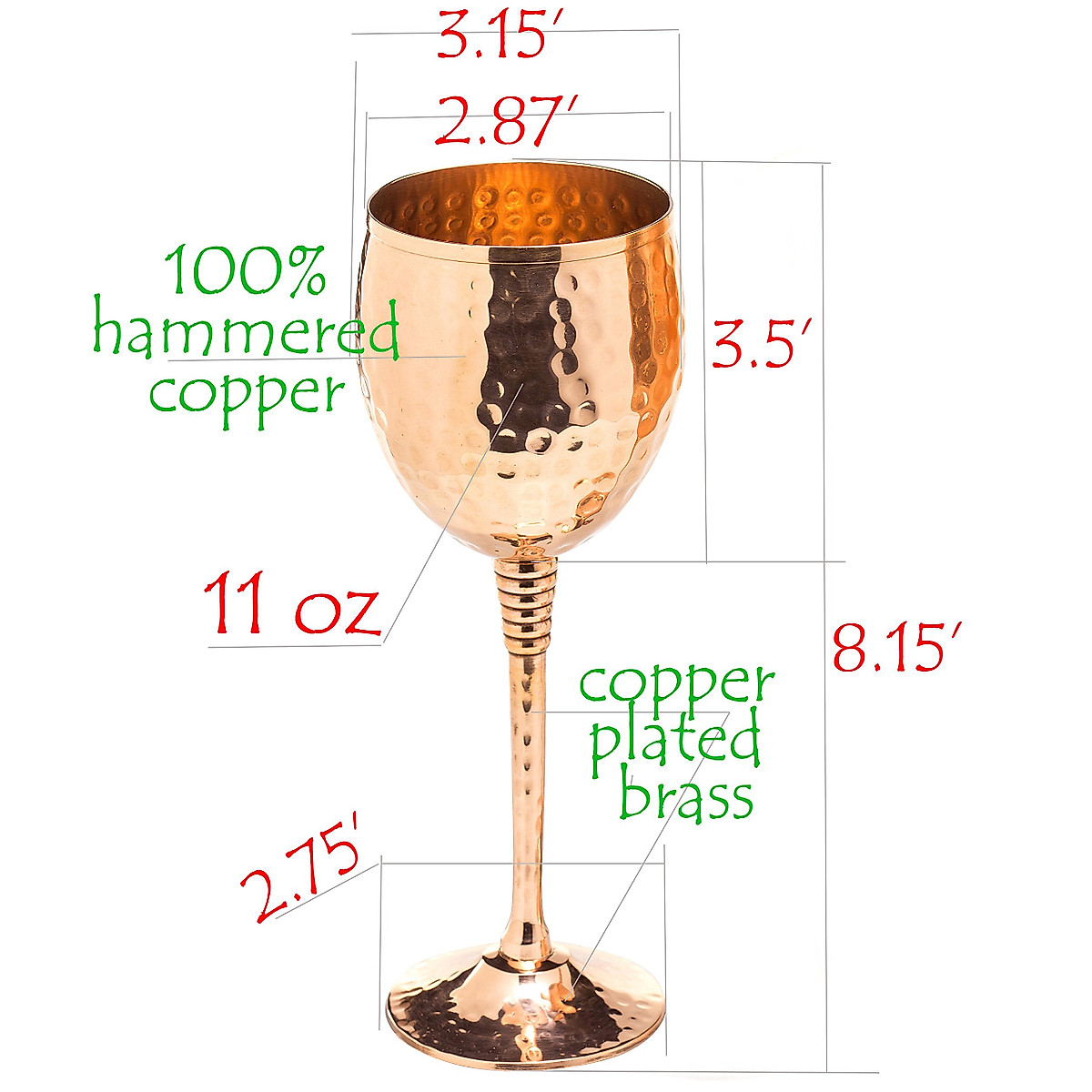 Copper wine glasses set of 2 – 11oz gleaming 100% solid hammered copper wine cups on brass copper plated stems – a gift for men and women – great glasses for red or white wine and Moscow mules