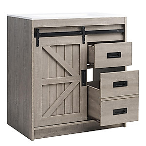 AMERLIFE Farmhouse Bathroom Vanity with Sink Combo, 31in Sliding Barn Door Bathroom Vanity Cabinet Set with Storage Drawers, Metal Handles, Small Single Bath Storage Vanity Sink, Light Grey