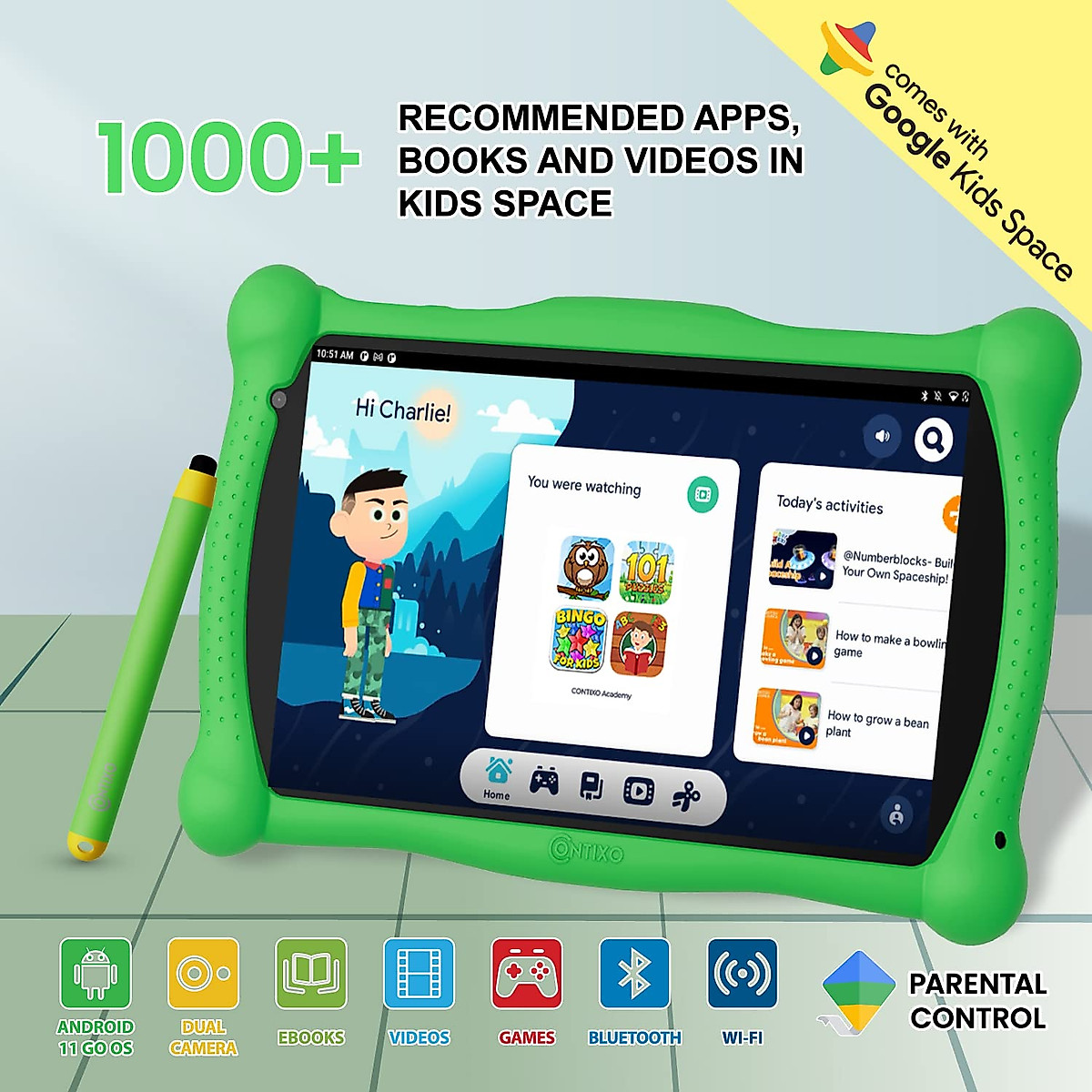 Contixo Kids Tablet, V10 7 Inch Tablet for Kids and Smart Watch Bundle, 2GB 32 GB Toddler Tablet with Bluetooth, with Smart Watch/Touch Screen, Camera, Video and Audio Recording, MP3 Player-Green