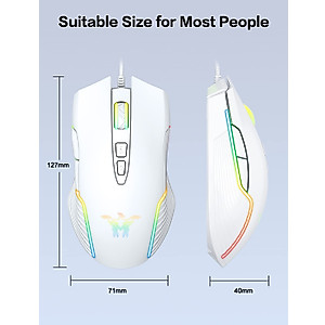 PHNIXGAM Wired Gaming Mouse, Ergonomic RGB Computer Mouse with RGB Backlight, Adjustable DPI UP to 6400, 7 Programmable Buttons for Windows Vista Linux (White)