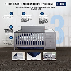 STORK & STYLE Modern Nursery Crib Set - 3 Piece - Microfiber Nursery Bedding Set for Baby Boys or Baby Girls - Navy Blue