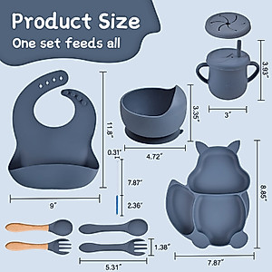 Silicone Baby Feeding Set,11Pack Toddlers Weaning Feeding Sippy Cup with Straw and Lid,Baby Bibs,Squirrel Plate Bowl With Suction,Baby Feeding Supplies Set (Squirrel-Deep Blue)
