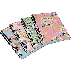Yansanido Spiral Notebook, 4 Pcs A5 Thick Flower Design Hardcover 8mm Ruled 4 Color 80 Sheets -160 Pages Journals for Study and Notes (flower)