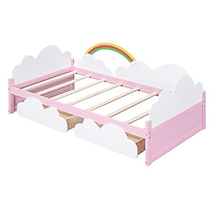 Harper & Bright Designs Twin Size Daybed with 2 Storage Drawers, Wood Kids Twin Bed Frame with Clouds and Rainbow Decor, Twin Storage Bed Frame for Kids Girls Boys, No Spring Box Required, White+Pink