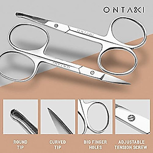 ONTAKI 3 Scissors pack - 1 Japanese Steel Beard & Mustache Scissors With Comb - 2 Facial Grooming Nose Hair Scissors - 1 Curved Blade Tip & 1 Safety Blunt Rounded Tip