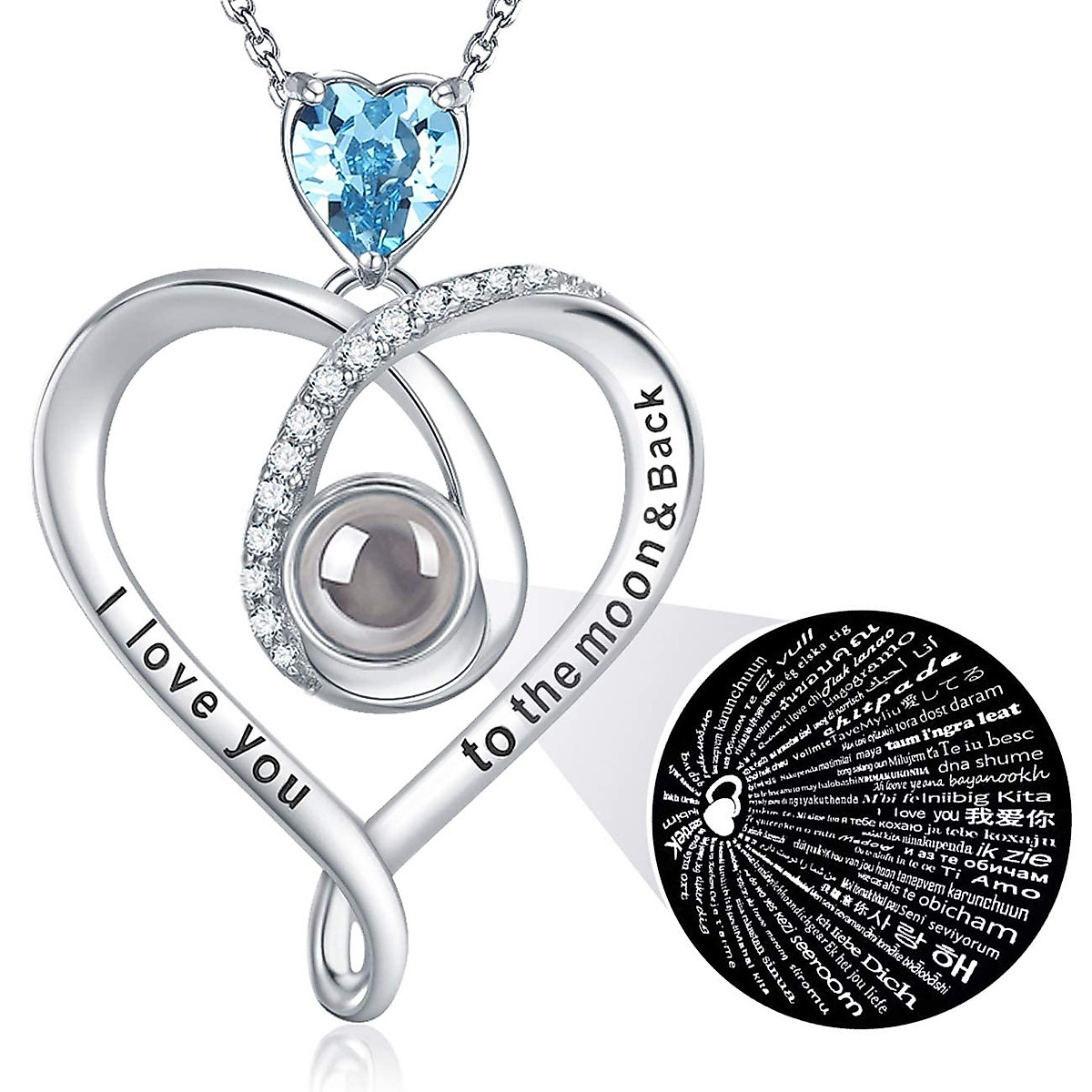 Birthday Gift for Women March Birthstone Aquamarine Jewelry Mom Wife I Love You Necklace 100 Languages to the Moon and Back Necklace Sterling Silver