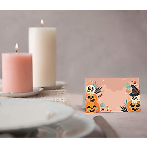 Halloween Table Place Cards, Blank Seating Place Card for Table, 25 Pack Buffet Food Tent Labels, Double Design Name Cards, Scored for Easy Folding, Halloween/Thanksgiving Party Decorations(06)