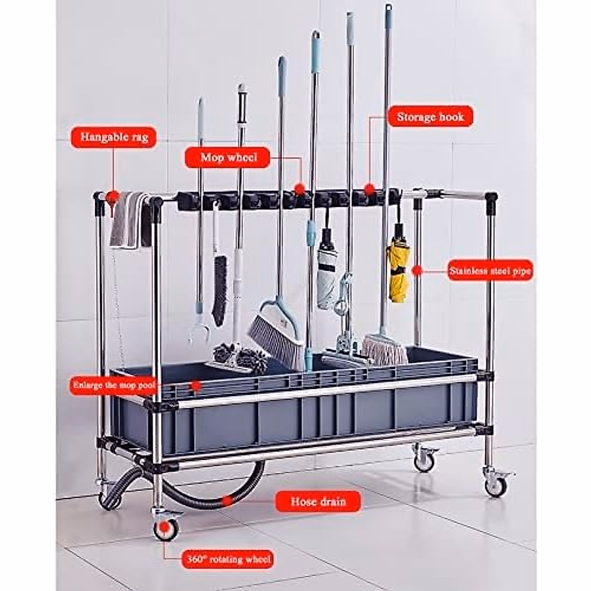 DHWDPO Mop rack, Movable Commercial Cleaning Tool Holder,Broom and Mop Holder, Umbrella Stand Put Wet Mops, for Garages, Hotels, Schools, Restaurants