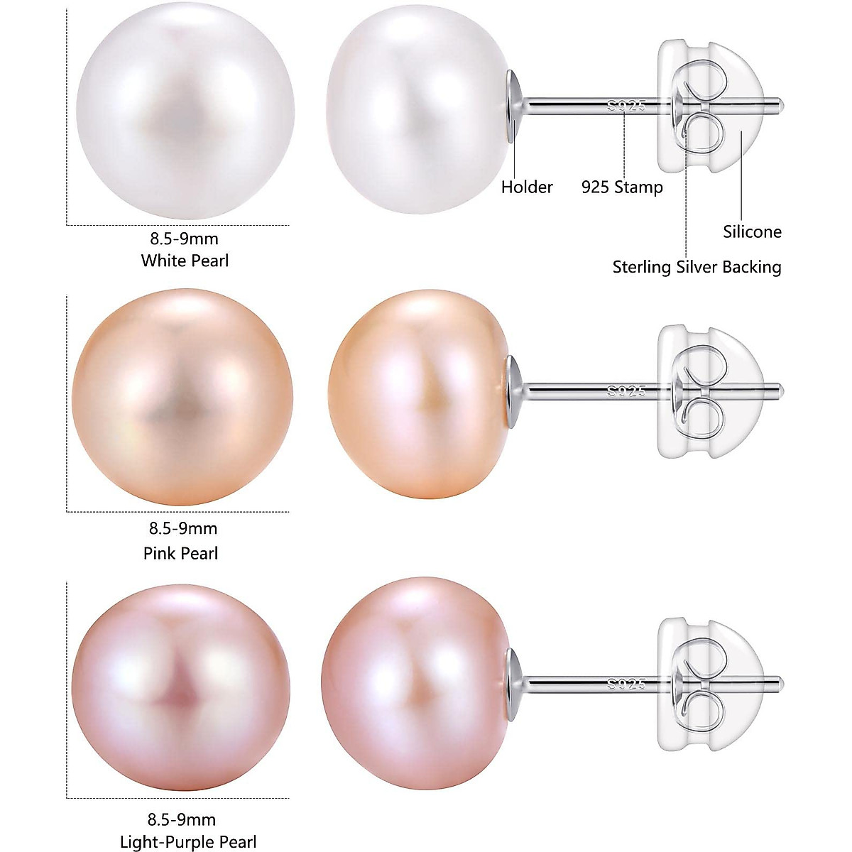 3 Pairs 9mm AAA+ Handpicked Freshwater Cultured Pearl Stud Earrings In Sterling Silver, White/Pink/Light-Pruple Pearl Stud Earrings Set For Women Multipack