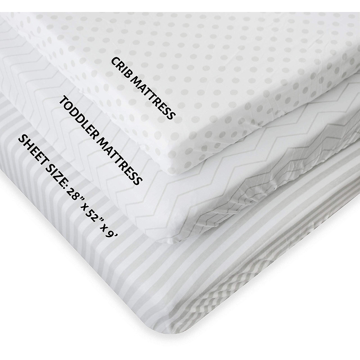 NODNAL CO. 3 Fitted Crib Sheets Gray Set - 100% OEKO-TEX Cotton for Baby Girl/Boy Nursery Bedding - Gender Neutral Chevron, Polka Dot & Stripe - Standard Baby or Toddler Crib Mattress 28”x52”x9” Sheet