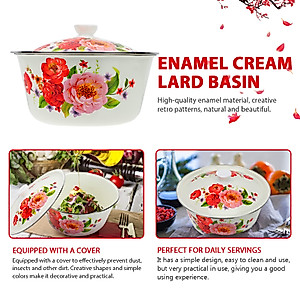 DOITOOL Vintage Enamel Basin Large Retro Enamel Bowl Flower Printed Cooking Pot Tureen Pot with Lid Kitchen Accessories