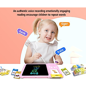 Rylai Toddler Toys Drawing Tablet with Talking Flash Card, Drop Resistant LCD Writing Tablet,510 Sight Words Pocket Speech Audible Flashcards, Learning & Education Toys for 2,3,4,5,6 Years Old Pink