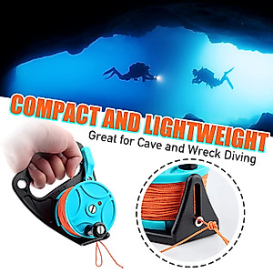 Scuba Dive Reel with Thumb Stopper, 150-foot High Visibility Retractable Line Diving Reel Finger Spool with Handle Stop Switch for Cave and Wreck Exploration, Kayaking Anchor, Spear Fishing, SMB Blue