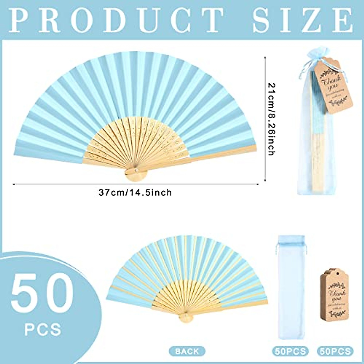 Roowest 50 Pack Handmade Paper Folding Fans with Gift Bags Thank You Card, Bamboo Handheld Folded Fan for Home DIY Office Decor Wedding Party Baby Shower Party Gift Accessories (Blue)